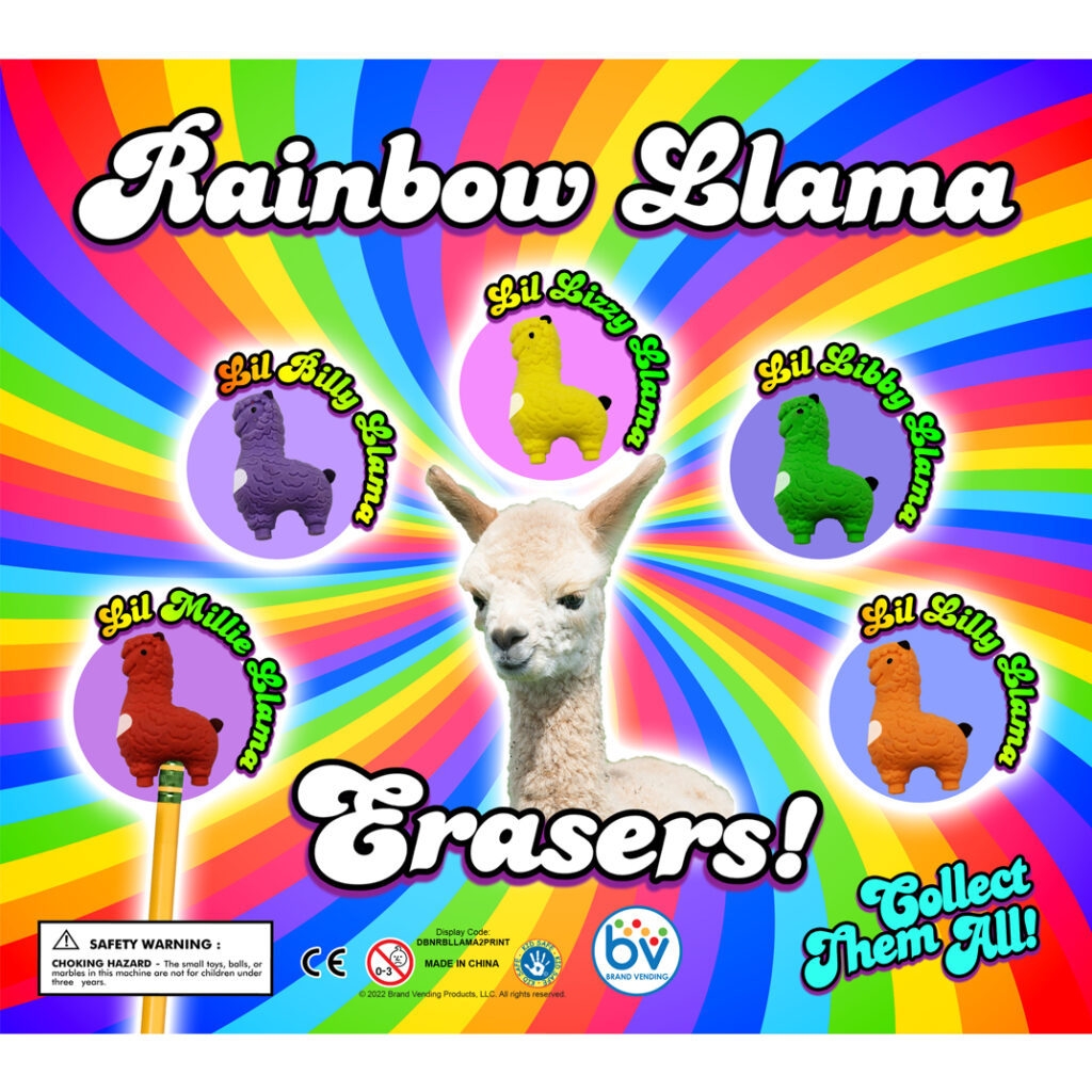 Rainbow Llama Erasers 2″ Double-Sided Printed Display (8″ x 9″) – Brand ...